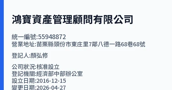 鴻寶資產管理顧問有限公司的照片-統編 55948872(苗栗縣) 公司登記資料與營業項目詳細圖表