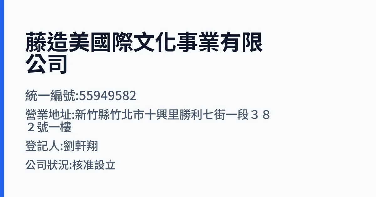藤造美國際文化事業有限公司 - 統編 55949582（新竹市） 公司登記資料與營業項目詳細圖表