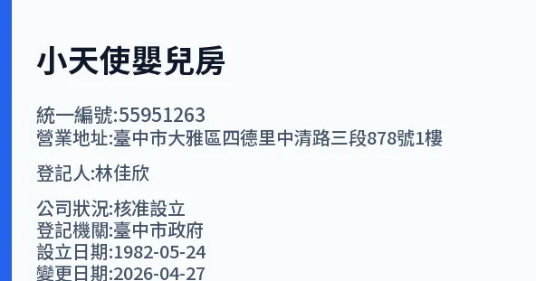 小天使嬰兒房的照片-統編 55951263(臺中市) 公司登記資料與營業項目詳細圖表