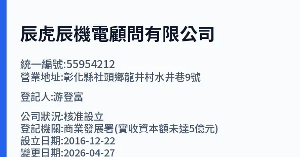 辰虎辰機電顧問有限公司的照片-統編 55954212(彰化縣) 公司登記資料與營業項目詳細圖表