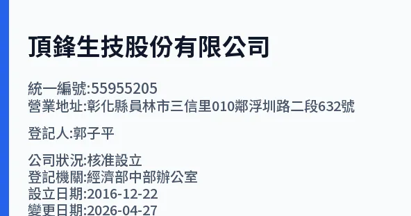 頂鋒生技股份有限公司的照片-統編 55955205(彰化縣) 公司登記資料與營業項目詳細圖表