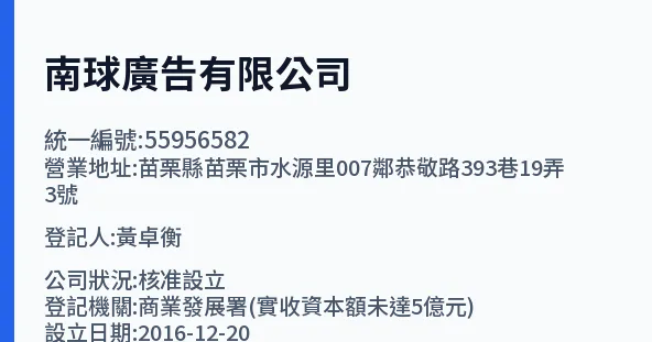 南球廣告有限公司的照片-統編 55956582(苗栗縣) 公司登記資料與營業項目詳細圖表