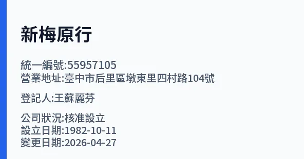 新梅原行的照片-統編 55957105(臺中市) 公司登記資料與營業項目詳細圖表