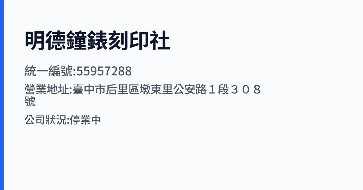 明德鐘錶刻印社 - 統編 55957288(臺中市) 公司登記資料與營業項目詳細圖表