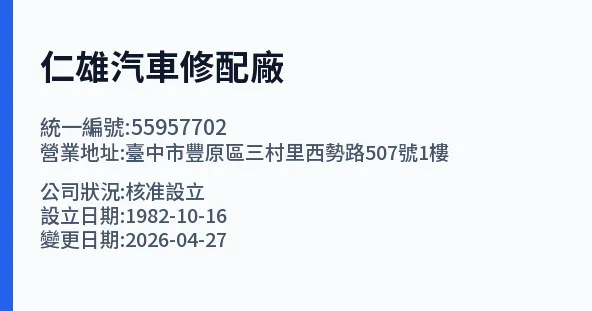仁雄汽車修配廠的照片-統編 55957702(臺中市) 公司登記資料與營業項目詳細圖表