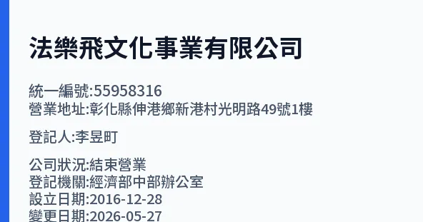 法樂飛文化事業有限公司的照片-統編 55958316(彰化縣) 公司登記資料與營業項目詳細圖表