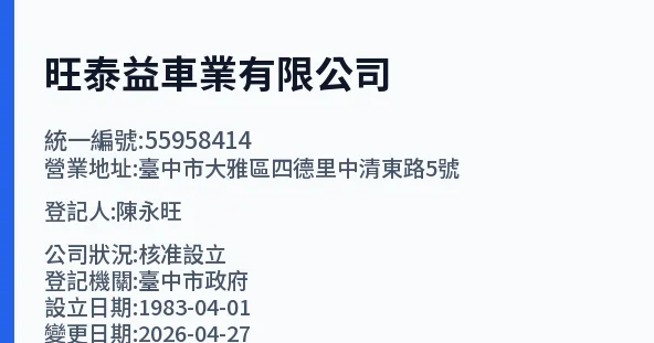 旺泰益車業有限公司的照片-統編 55958414(臺中市) 公司登記資料與營業項目詳細圖表