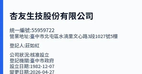 杏友生技股份有限公司的照片-統編 55959722(臺中市) 公司登記資料與營業項目詳細圖表