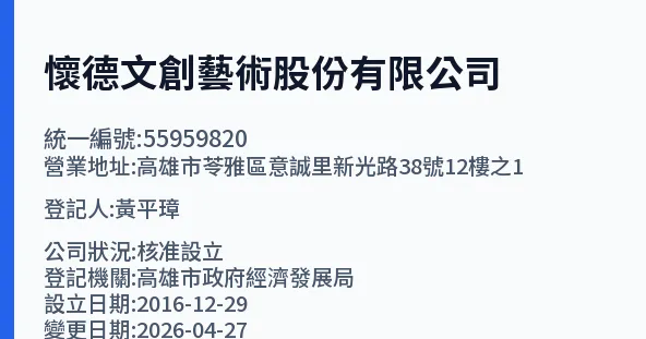 懷德文創藝術股份有限公司的照片-統編 55959820(高雄市) 公司登記資料與營業項目詳細圖表