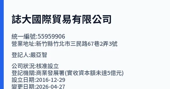 誌大國際貿易有限公司的照片-統編 55959906(新竹縣) 公司登記資料與營業項目詳細圖表