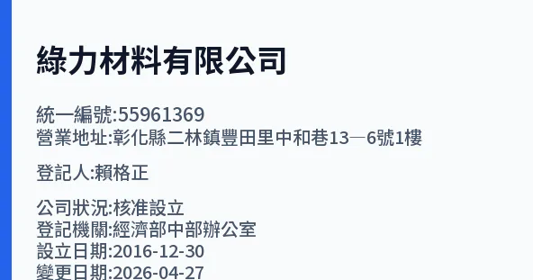 綠力材料有限公司的照片-統編 55961369(彰化縣) 公司登記資料與營業項目詳細圖表