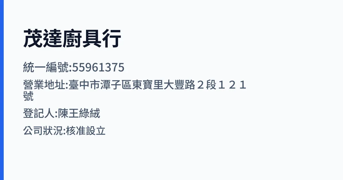 茂達廚具行 - 統編 55961375(臺中市) 公司登記資料與營業項目詳細圖表