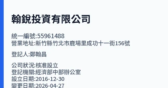翰銳投資有限公司的照片-統編 55961488(新竹縣) 公司登記資料與營業項目詳細圖表