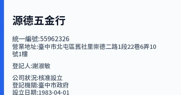 源德五金行的照片-統編 55962326(臺中市) 公司登記資料與營業項目詳細圖表