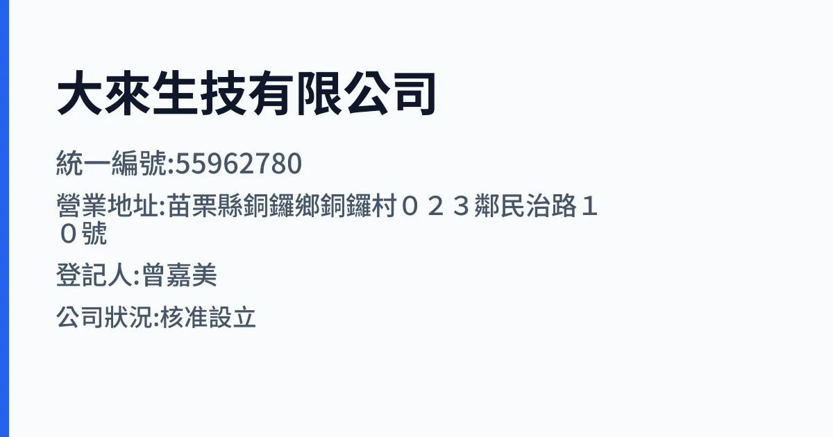 大來生技有限公司 - 統編 55962780(苗栗縣) 公司登記資料與營業項目詳細圖表
