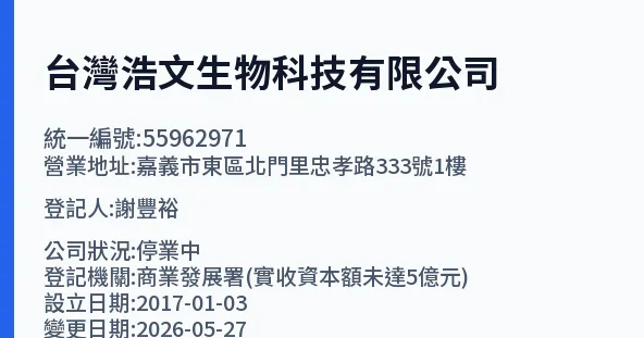 台灣浩文生物科技有限公司的照片-統編 55962971(嘉義市) 公司登記資料與營業項目詳細圖表