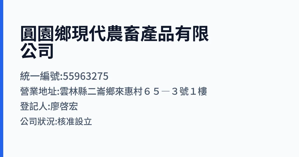 圓園鄉現代農畜產品有限公司 - 統編 55963275(雲林縣) 公司登記資料與營業項目詳細圖表