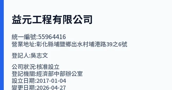 益元工程有限公司的照片-統編 55964416(彰化縣) 公司登記資料與營業項目詳細圖表