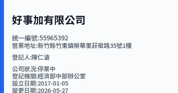 好事加有限公司的照片-統編 55965392(新竹縣) 公司登記資料與營業項目詳細圖表
