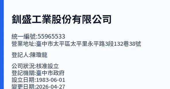 釧盛工業股份有限公司的照片-統編 55965533(臺中市) 公司登記資料與營業項目詳細圖表