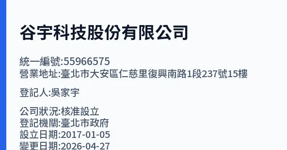 谷宇科技股份有限公司的照片-統編 55966575(臺北市) 公司登記資料與營業項目詳細圖表