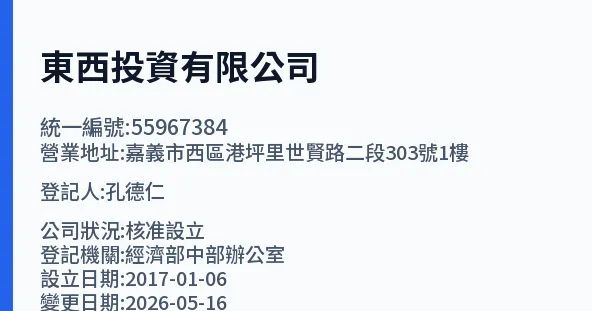 東西投資有限公司的照片-統編 55967384(嘉義市) 公司登記資料與營業項目詳細圖表