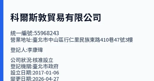 科爾斯敦貿易有限公司的照片-統編 55968243(臺北市) 公司登記資料與營業項目詳細圖表