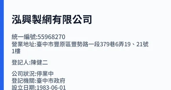 泓興製網有限公司的照片-統編 55968270(臺中市) 公司登記資料與營業項目詳細圖表