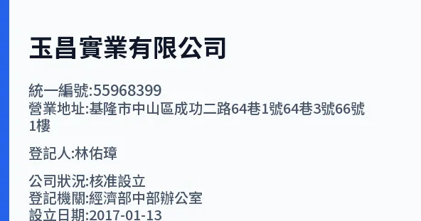 玉昌實業有限公司的照片-統編 55968399(基隆市) 公司登記資料與營業項目詳細圖表