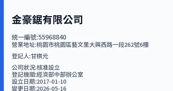 金豪鋸有限公司的照片-統編 55968840(桃園市) 公司登記資料與營業項目詳細圖表