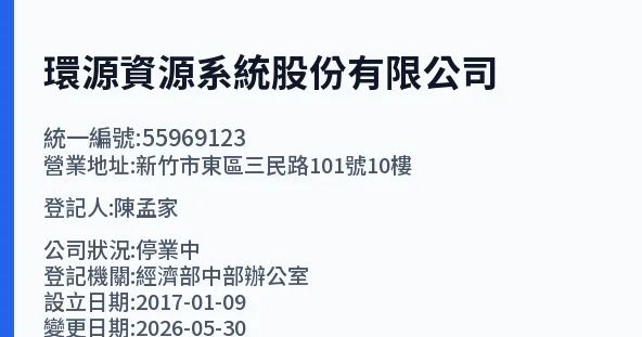 環源資源系統股份有限公司的照片-統編 55969123(新竹市) 公司登記資料與營業項目詳細圖表