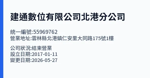 建通數位有限公司北港分公司的照片-統編 55969762(雲林縣) 公司登記資料與營業項目詳細圖表