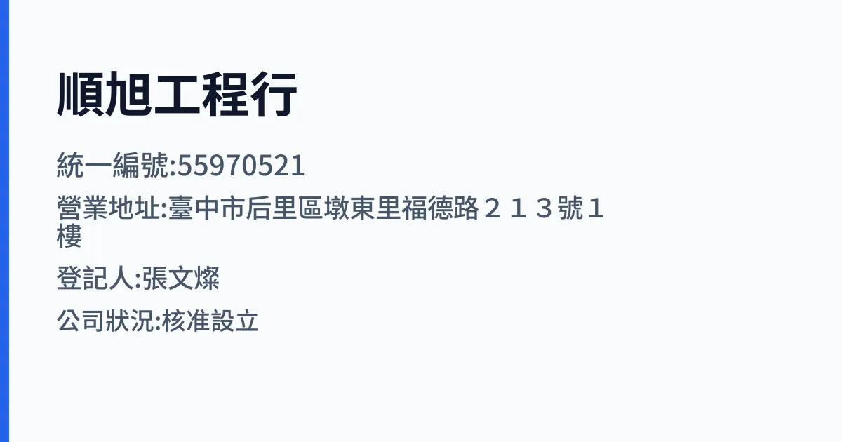 順旭工程行 - 統編 55970521(臺中市) 公司登記資料與營業項目詳細圖表