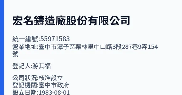 宏名鑄造廠股份有限公司的照片-統編 55971583(臺中市) 公司登記資料與營業項目詳細圖表