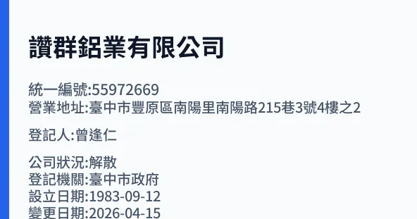 讚群鋁業有限公司的照片-統編 55972669(臺中市) 公司登記資料與營業項目詳細圖表