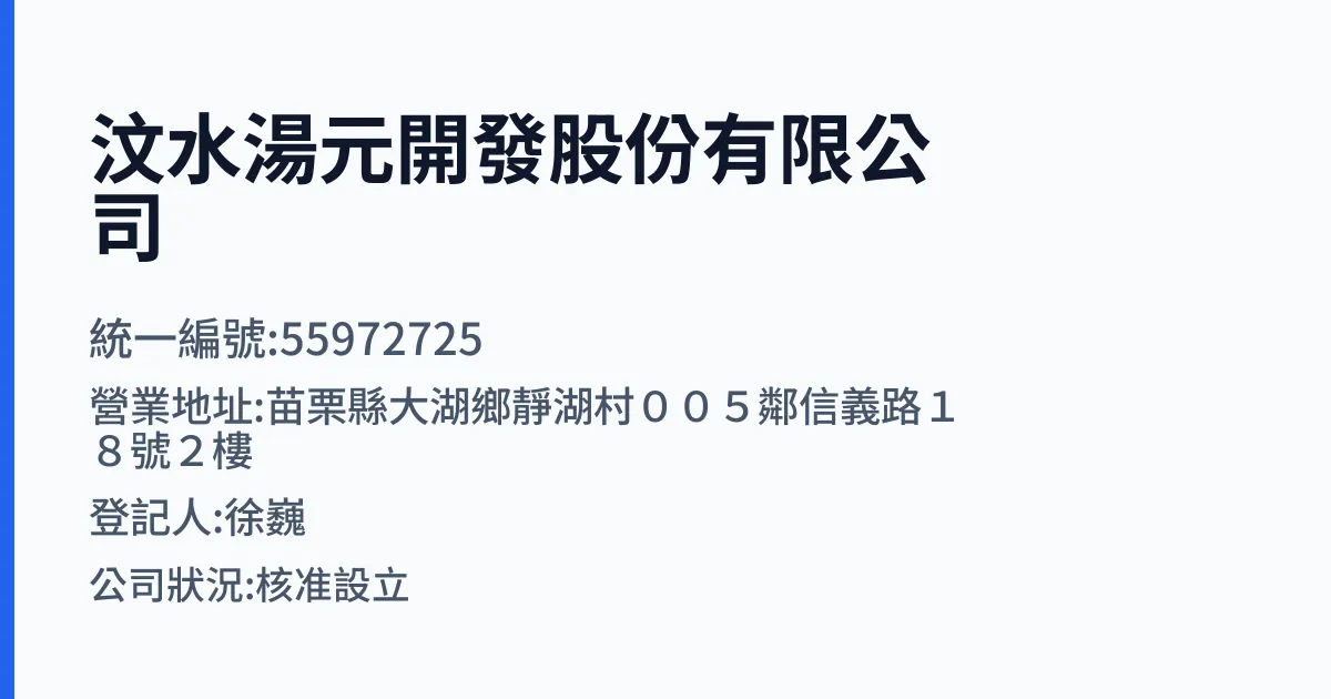 汶水湯元開發股份有限公司 - 統編 55972725(苗栗縣) 公司登記資料與營業項目詳細圖表