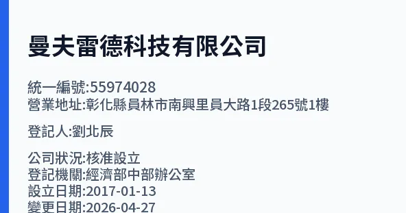 曼夫雷德科技有限公司的照片-統編 55974028(彰化縣) 公司登記資料與營業項目詳細圖表