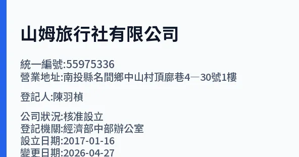 山姆旅行社有限公司的照片-統編 55975336(南投縣) 公司登記資料與營業項目詳細圖表