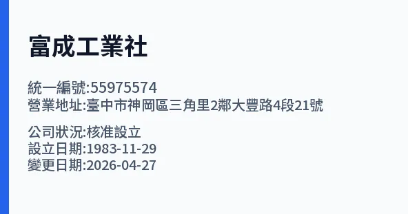 富成工業社的照片-統編 55975574(臺中市) 公司登記資料與營業項目詳細圖表
