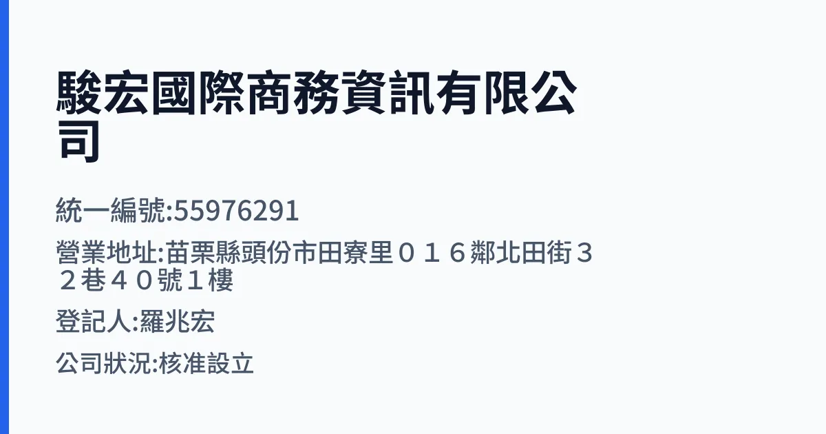 駿宏國際商務資訊有限公司 - 統編 55976291(苗栗縣) 公司登記資料與營業項目詳細圖表