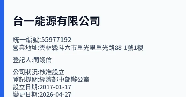 台一能源有限公司的照片-統編 55977192(雲林縣) 公司登記資料與營業項目詳細圖表