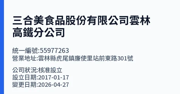 三合美食品股份有限公司雲林高鐵分公司的照片-統編 55977263(雲林縣) 公司登記資料與營業項目詳細圖表