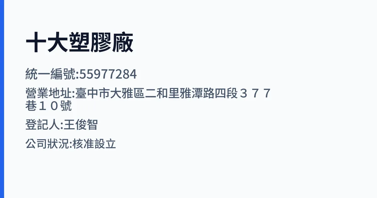 十大塑膠廠 - 統編 55977284（臺中市） 公司登記資料與營業項目詳細圖表