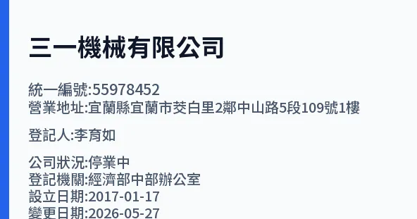 三一機械有限公司的照片-統編 55978452(宜蘭縣) 公司登記資料與營業項目詳細圖表