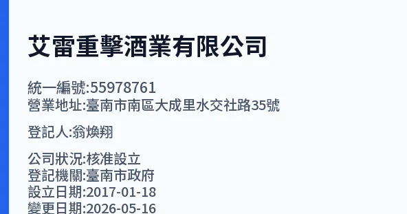艾雷重擊酒業有限公司的照片-統編 55978761(臺南市) 公司登記資料與營業項目詳細圖表