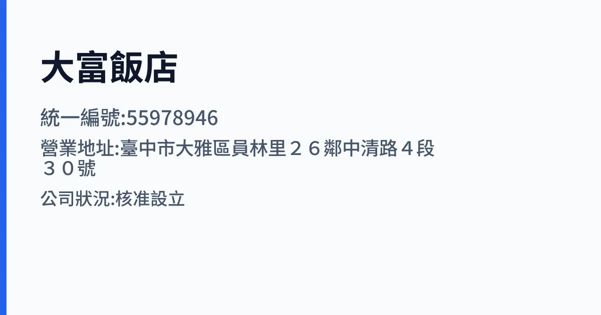 大富飯店 - 統編 55978946(臺中市) 公司登記資料與營業項目詳細圖表