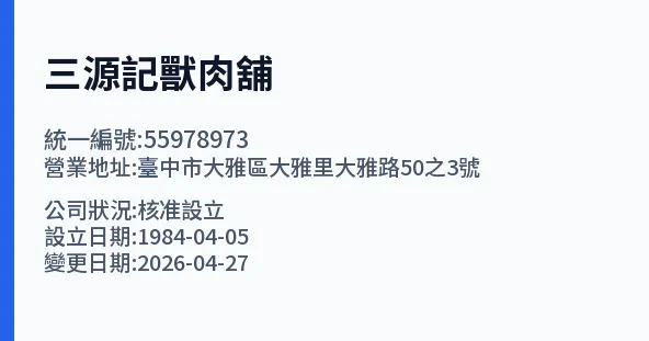 三源記獸肉舖的照片-統編 55978973(臺中市) 公司登記資料與營業項目詳細圖表
