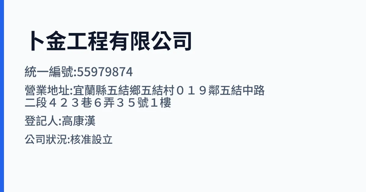 卜金工程有限公司 - 統編 55979874(宜蘭縣) 公司登記資料與營業項目詳細圖表