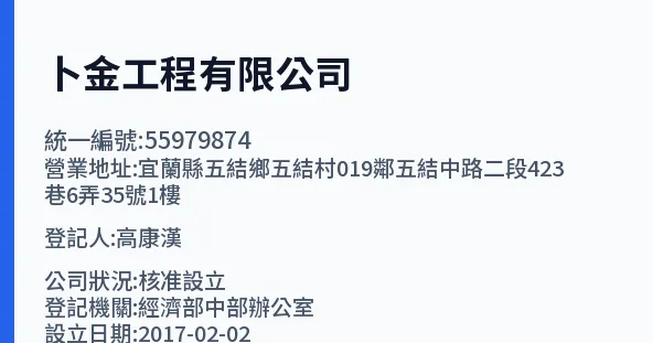卜金工程有限公司的照片-統編 55979874(宜蘭縣) 公司登記資料與營業項目詳細圖表