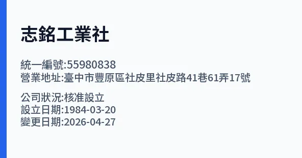 志銘工業社的照片-統編 55980838(臺中市) 公司登記資料與營業項目詳細圖表
